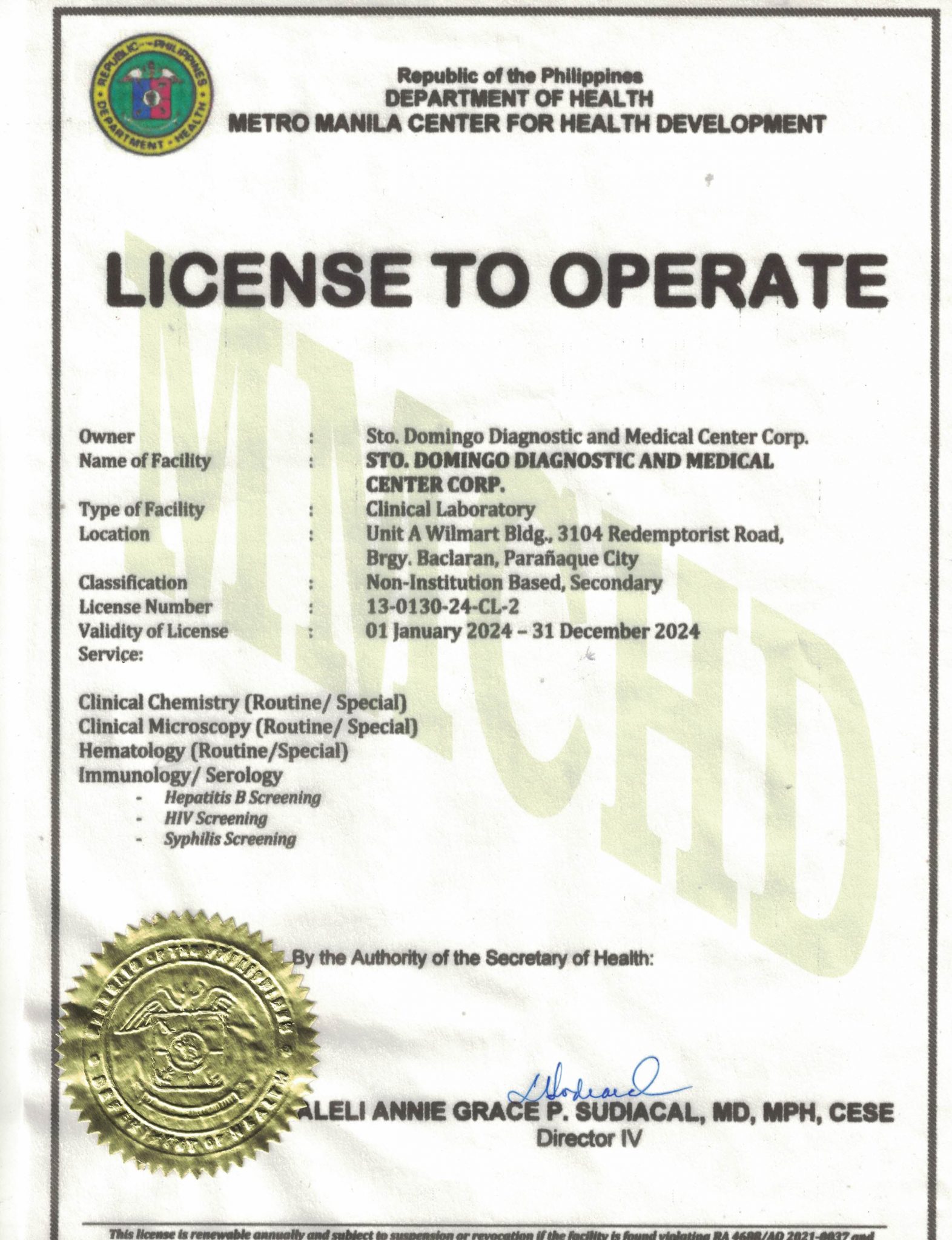 Accreditation – Sto. Domingo Diagnostic and Medical Center Corp.