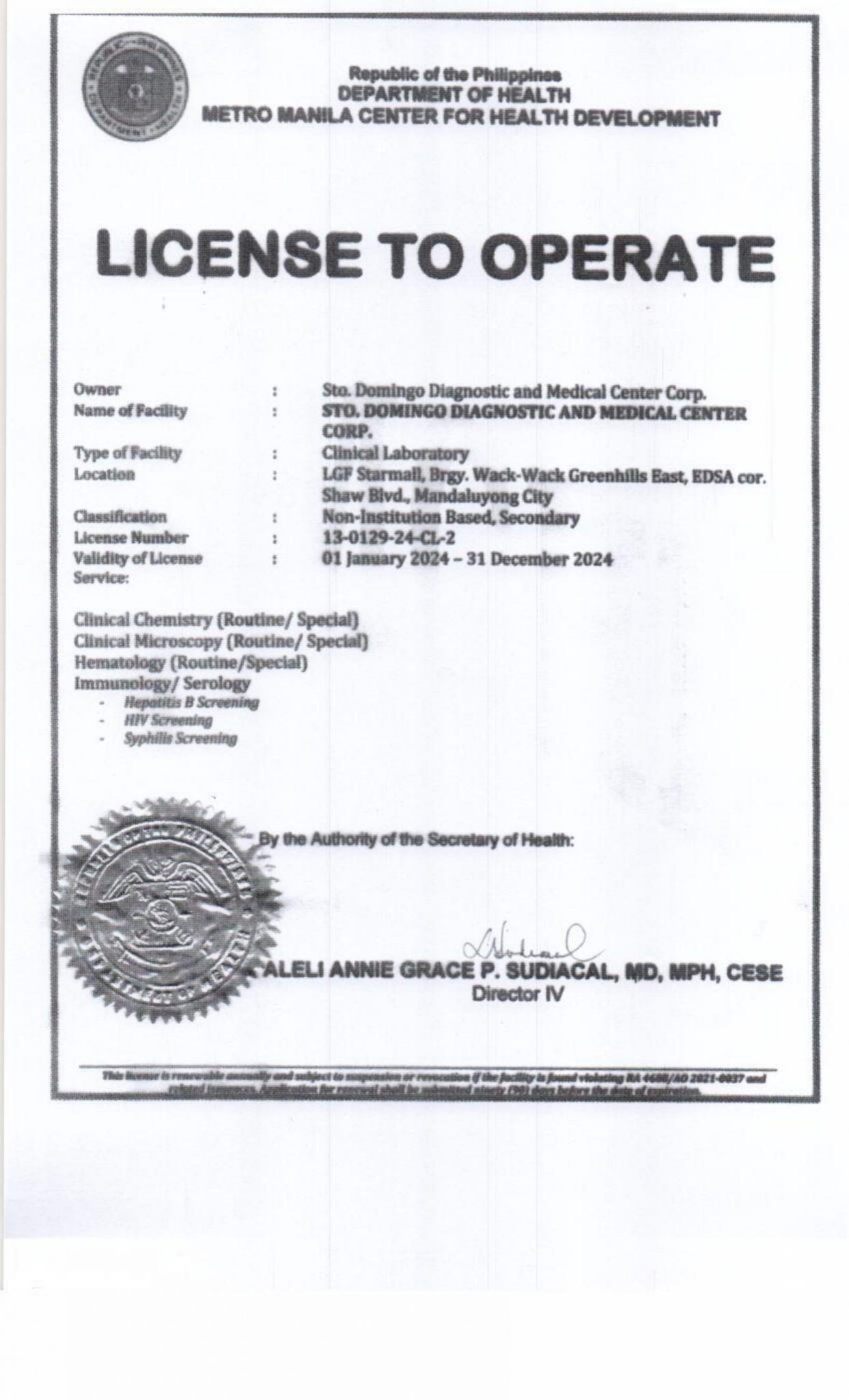 Accreditation – Sto. Domingo Diagnostic and Medical Center Corp.