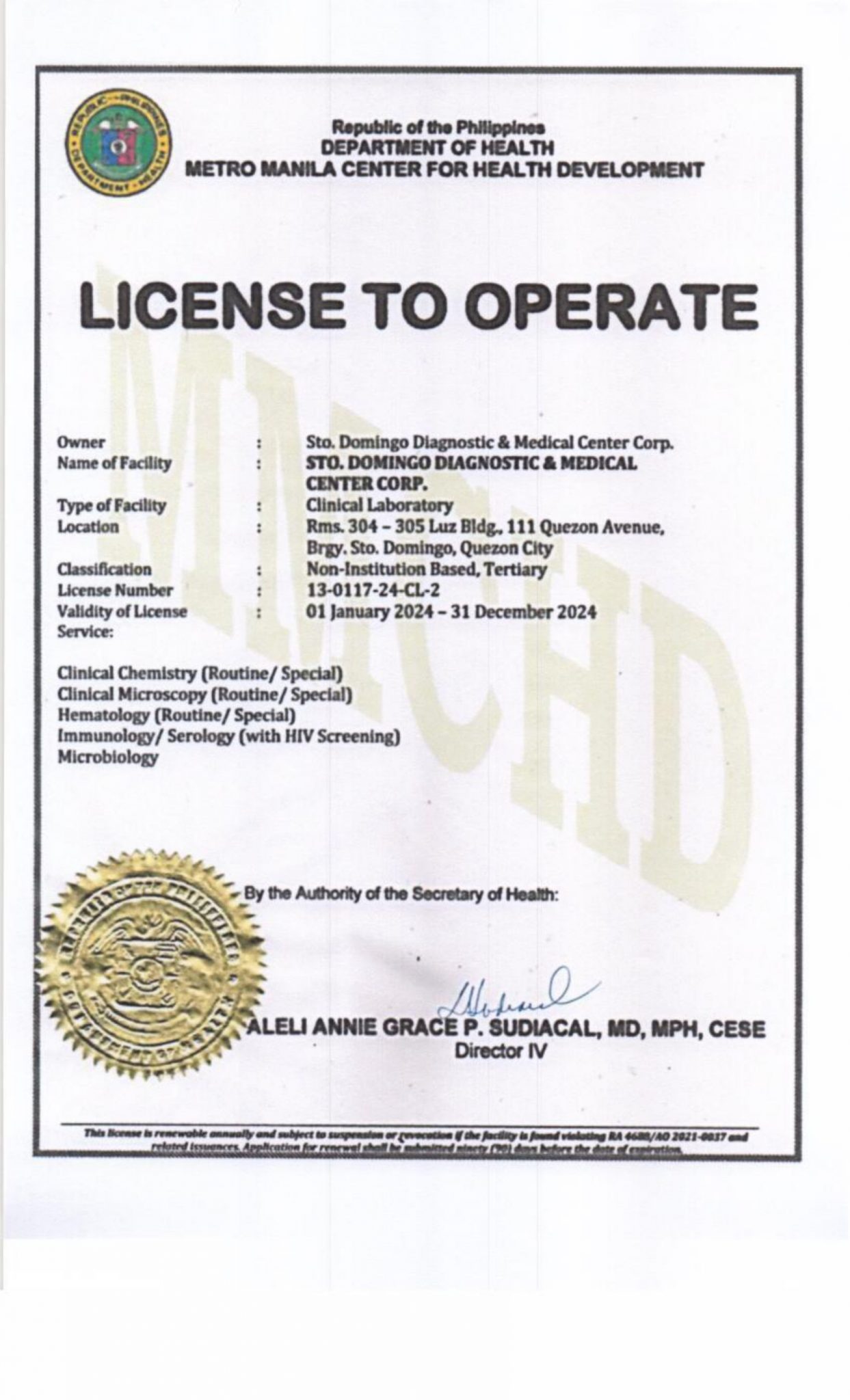 Accreditation – Sto. Domingo Diagnostic and Medical Center Corp.